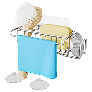 HapiRm 4 in 1 Adhesive Sink Caddy Sponge Holder, SUS304 Stainless Steel Sink Basket Brush Holder + Dish Cloth Hanger + Soap Rack + Sink Stopper Holder with 2 Installation Ways - Silver