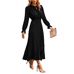 PRETTYGARDEN Women's 2024 Fall Midi Dress Casual Long Sleeve V Neck Swiss Dot Pleated A Line Flowy Dresses (Black,Large)