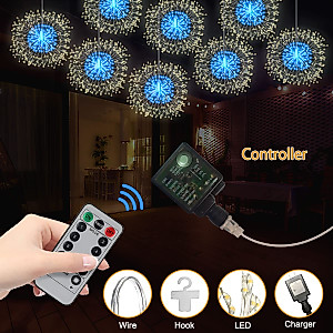 Homesprit 8 Pack Firework Lights 180 Led Copper Wire with 8 Models Power Supply Remote Control Waterproof Outdoor Hanging for Decor Garden Party Christmas