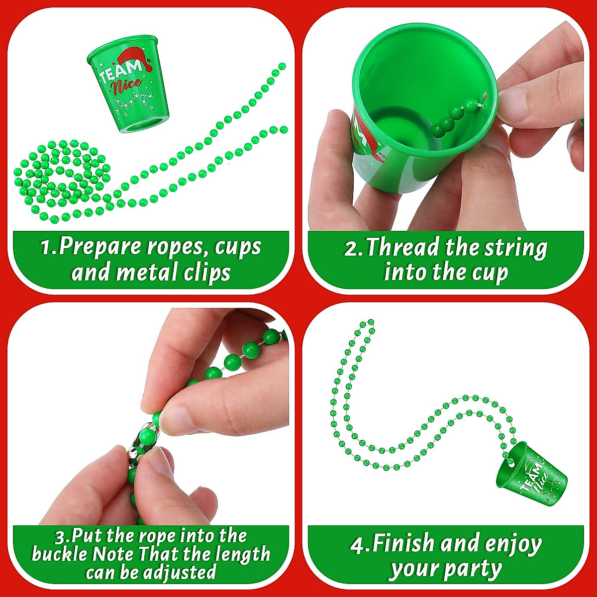12 Pieces Christmas Shot Glass Necklace on Beaded Team Naughty Team Nice Shot Necklace Glass Plastic Red Beaded Necklace with Drinking Cup Green Shot Glasses for Christmas Party Decorations Supplies
