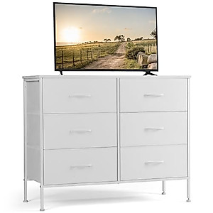 DUMOS Dresser for Bedroom with 6 Drawers, Clothes Drawer Fabric Closet Organizer, Cloth Dresser with Metal Frame and Wood Tabletop Chest Storage Tower for Kids Room, Nursery, Living Room, Entryway