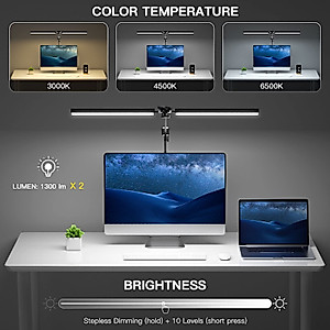 CHICLEW LED Desk Lamp for Home Office, 24W Swing Arm Double-Head Table Lamps, 3 Colors Lighting & Stepless Dimming Architect Reading Desk Light, Adjustable Eye-Caring Clamp Light for Study Relax Work