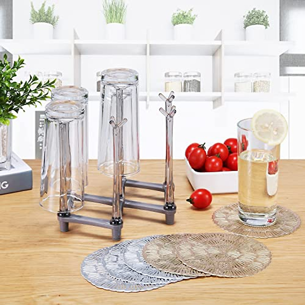 Maxcocola Retractable Cup Drying Rack with 6PCS Coasters, Retractable Drying Rack and Bottle Drying Rack, Plastic Bag Drying Rack and Mug Tree with Antiskid Bottom for Countertop(Gray)