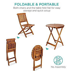 Best Choice Products 3-Piece Acacia Wood Bistro Set, Folding Patio Furniture for Backyard, Balcony, Deck w/ 2 Chairs, Round Coffee Table, Teak Finish - Natural