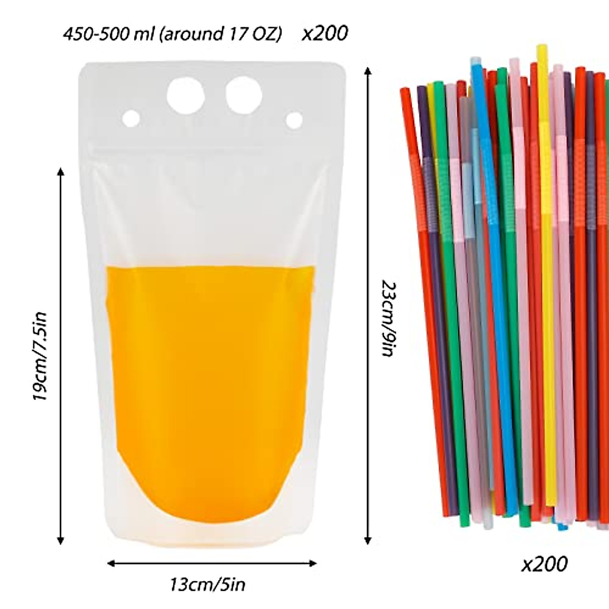 Tomnk 200PCS Drink Pouches for Adults with Straws, Heavy Duty Hand-held Translucent Reclosable Plastic Smoothie Drink Pouches with 200 Straws