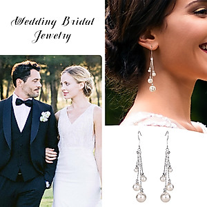 EleQueen Women's Silver-tone Crystal Simulated Pearl 4 Chain Bridal Long Dangle Hook Earrings Ivory Color