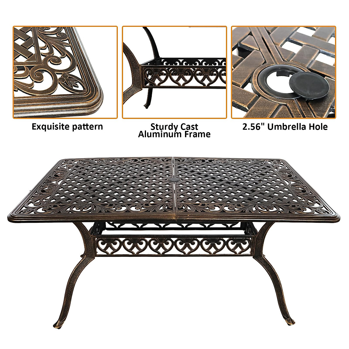 PATIO-IN 5 Piece Outdoor Dining Set, Cast Aluminum Patio Dining Set for 4 Person, Patio Furniture Set with 59" Rectangle Patio Table(2.56" Umbrella Hole) and 4 Chairs