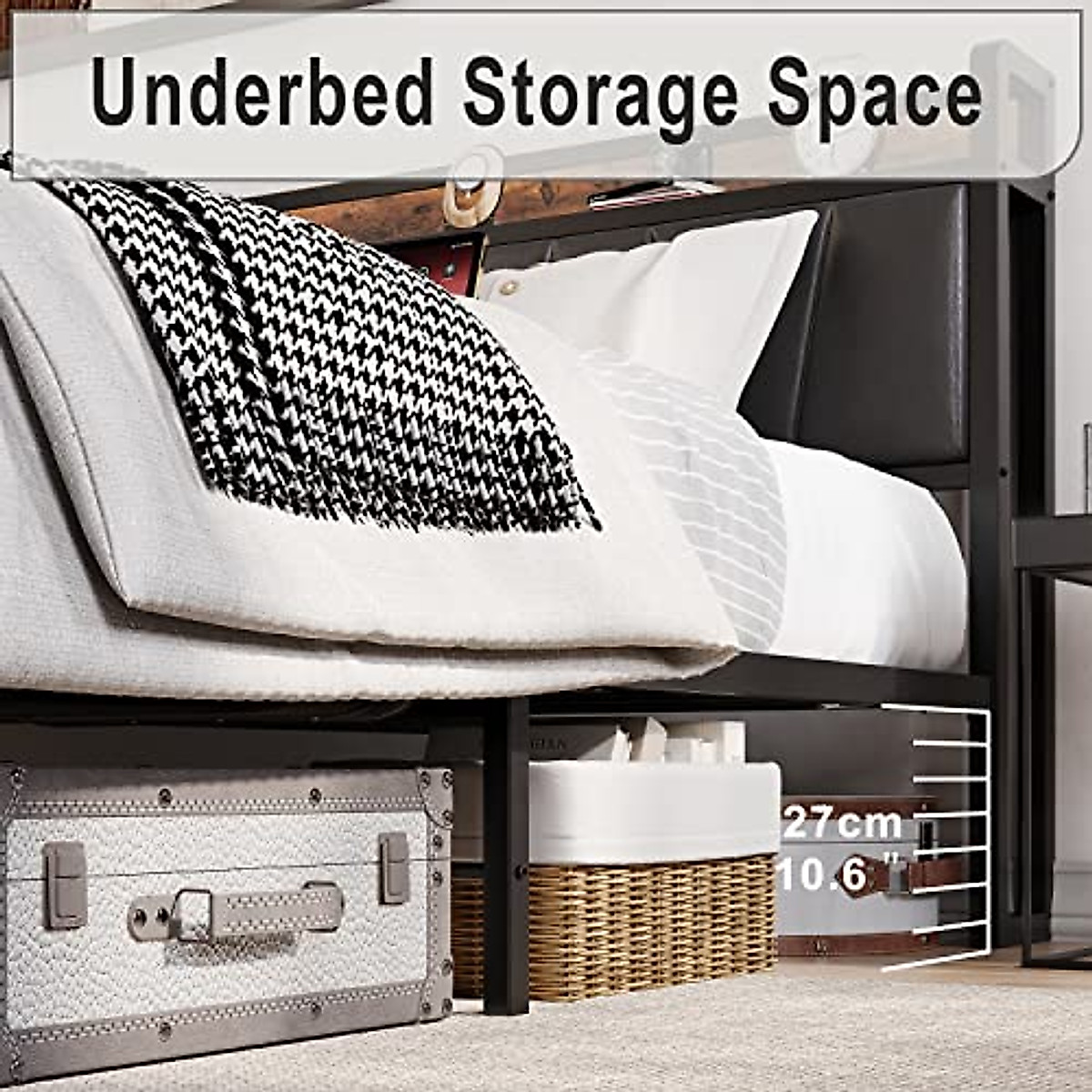 LIKIMIO Twin Bed Frame, Storage Headboard with Charging Station, Solid and Stable, Noise Free, No Box Spring Needed, Easy Assembly (Vintage and Black)