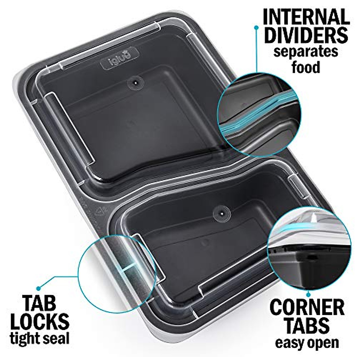 Igluu Meal Prep Containers [10 Pack] 2 Compartment with Airtight Lids - Plastic Food Storage Bento Box - BPA Free - Reusable Lunch Boxes - Microwavable, Freezer and Dishwasher Safe (30 oz)