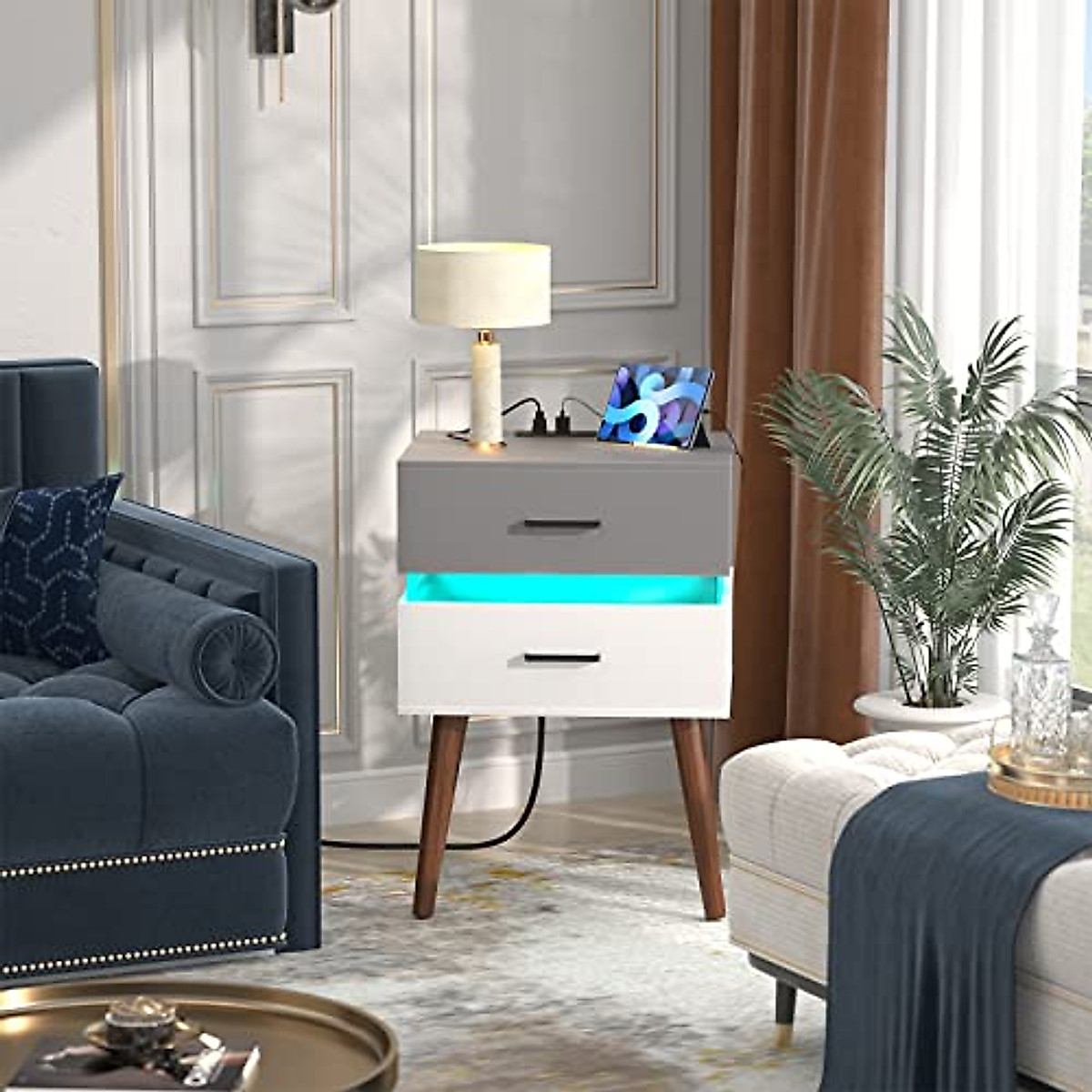 armocity Nightstands with Charging Station and LED Light, Bedside Table with 2 Drawer, Modern Night Stand with Charging Port, Sturdy NightStand with Light for Bedrooms, Guest Room, Gray and White