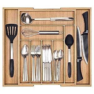 Bamboo Kitchen Drawer Organizer - Expandable & Sturdy Utensil Holder/Silverware Organizer/and Cutlery Tray with Grooved Drawer Dividers & Compartment for Flatware (7-9 Lots)