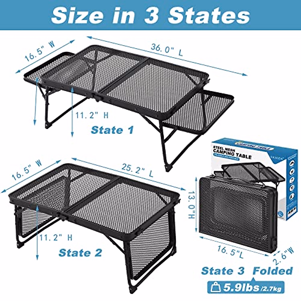 SKIKEN Small Low Camping Table with Wing Panels, Folding Low Picnic Table, Sturdy Steel Mesh Outdoor Table, Waterproof and Heat Resistant, Aluminum (3ft, Black)