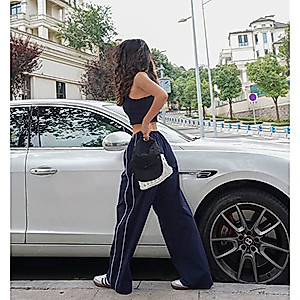 MANGMAO Womens Y2k Track Pants Y2k Clothing Parachute Pants High Waisted Cargo Pants with Pockets Trendy Baggy Sweatpants (Navy,S,Small)