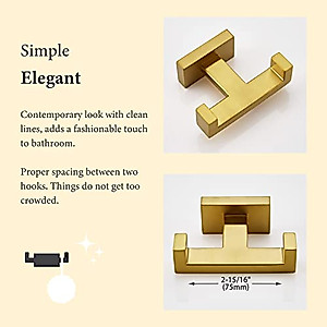 Suyar Double Towel Hook Brushed Gold, SUS304 Stainless Steel Square Coat Robe Holder, Bathroom Kitchen Towel Hanger, Wall Mounted