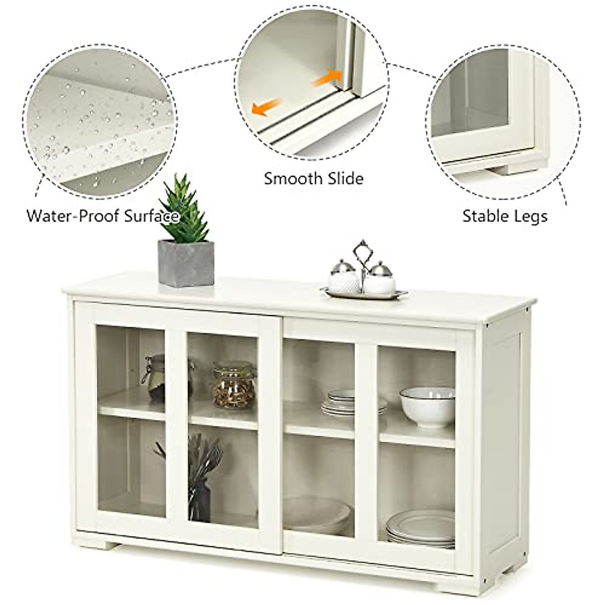 Costzon Kitchen Sideboard, Antique Stackable Storage Cabinet with Height Adjustable Shelf, Sliding Door Window, Wooden Cupboard Server Buffet Console Table for Home Dining Room Entryway (Cream White)