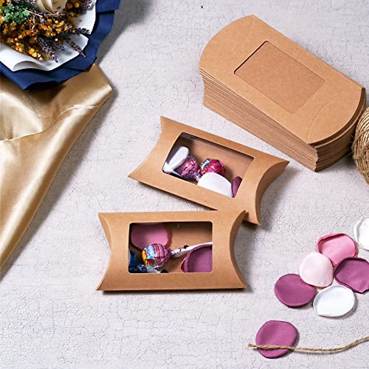 MATICAN Pillow Boxes, 40-Pack Pillow Gift Boxes with Windows, Kraft Mini Favor Boxes, 5 x 3 x 1.2 inches