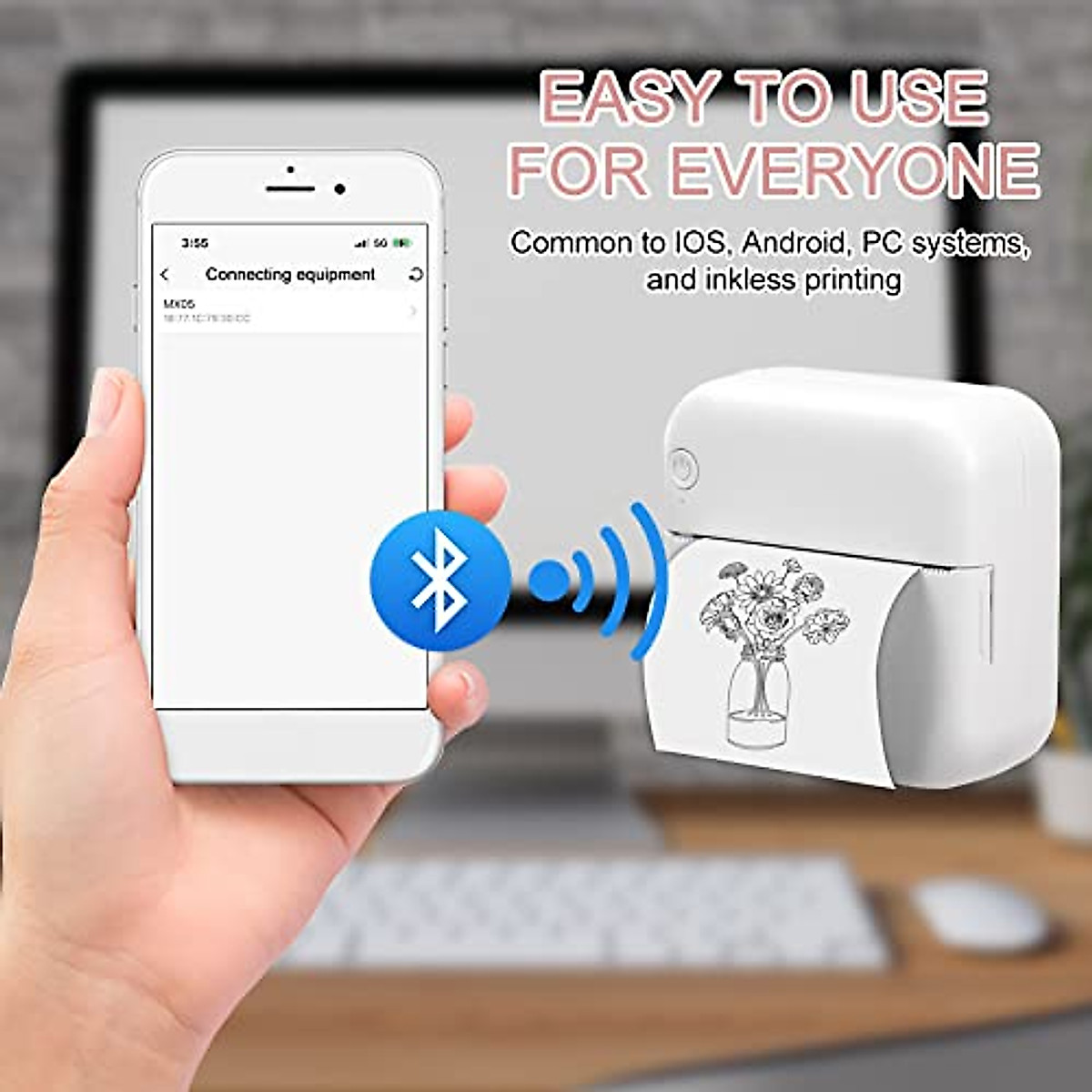 NINEFOX Portable Thermal Printer, Pocket Printer with 13 Rolls Paper Bluetooth Wireless Smart Printer Compatible with iOS + Android for Photo Office Label Study Notes Kids Gift