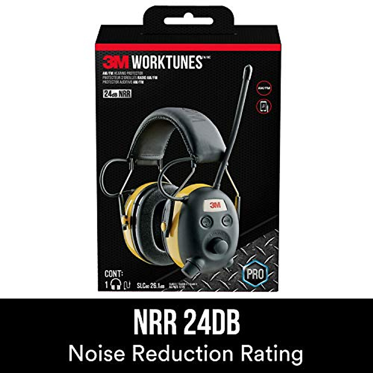 3M WorkTunes Hearing Protector with AM/FM Radio, NRR 24 dB,Black/Yellow