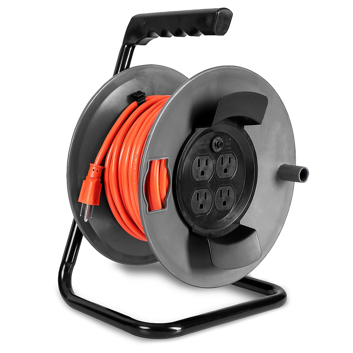 IRON FORGE CABLE 50 Ft Extension Cord Reel with 4 Electrical Power Outlets & Breaker Switch - 16/3 SJTW Heavy Duty Orange Cable with 3 Prong Grounded Plug - Portable Extension Cord Reel with Breaker