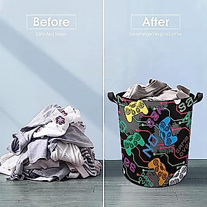 HoaMoya Collapsible Colorful Joysticks Gamepad Laundry Basket Cool Gamer Slogan Freestanding Laundry Hamper With Handles Large Waterproof Cloth Toy Storage Bin for Household Bedroom Bathroom