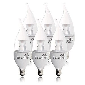 Bioluz LED 6 Pack Flame Tip Candelabra LED Bulb, Dimmable 40 Watt Chandelier Bulbs 40 (uses 4.5W) Watt E12 Base Candle Bulbs 2700K (Warm White) Indoor/Outdoor