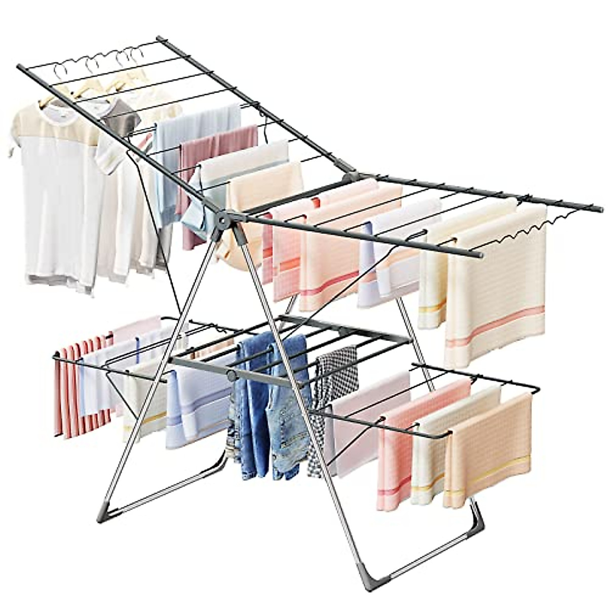 Bigzzia Clothes Drying Rack, 2-Level Laundry Drying Rack Collapsible, Free-Standing 56-inch Large Drying Rack, Height-Adjustable Wings, Stainless Steel Drying Rack Clothing Foldable for Indoor Outdoor