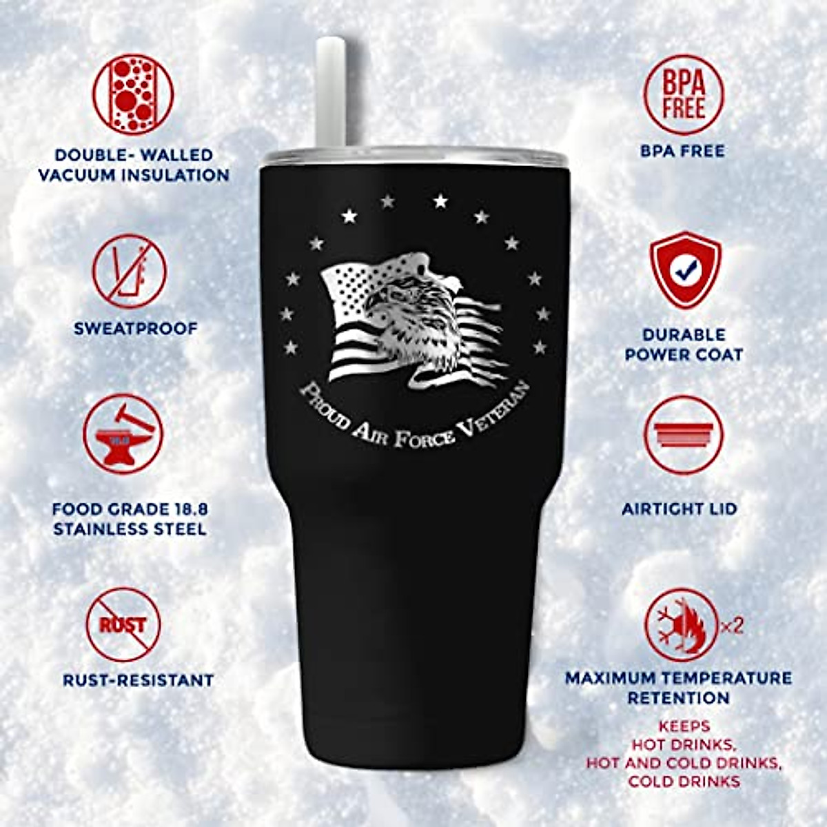 US Air Force Veteran 30oz Patriotic Tumbler - American Flag Tumbler Travel Mug - Patriotic Coffee Travel Mug - Double Insulated 30oz Tumbler - Engraved in the USA - (Air Force Veteran)