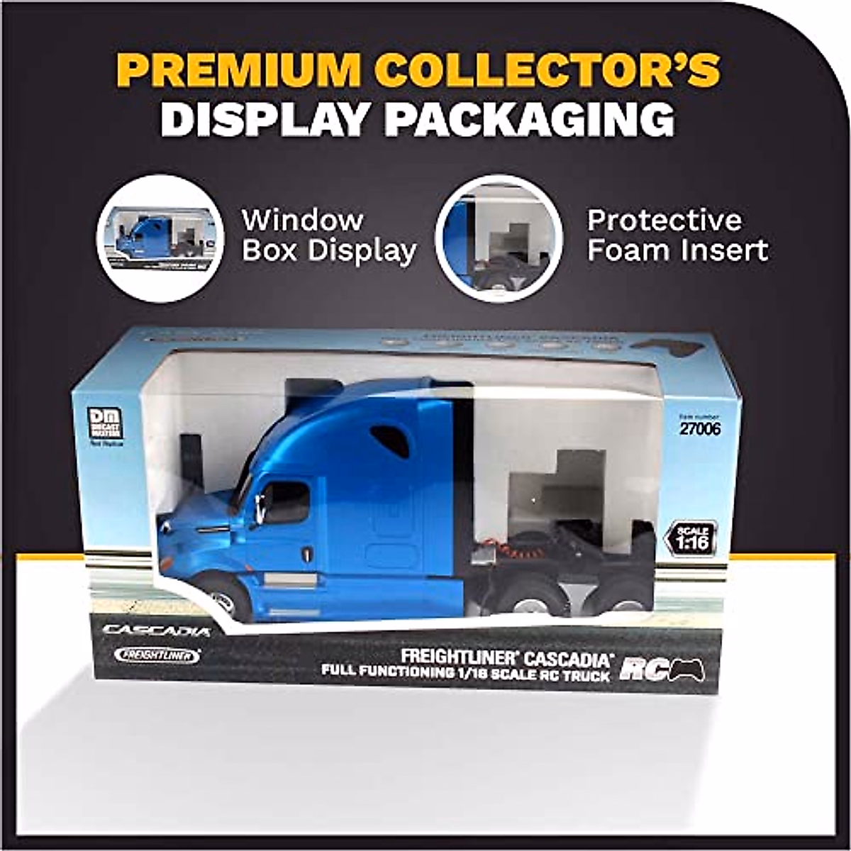 Diecast Masters RC Truch Freightliner Cascadia Truck | Fully Functional Radio Control Raised Roof Sleeper Cab | 1:16 Scale Model Remote Control Truck, RC Semi Truck | Diecast Model 27006