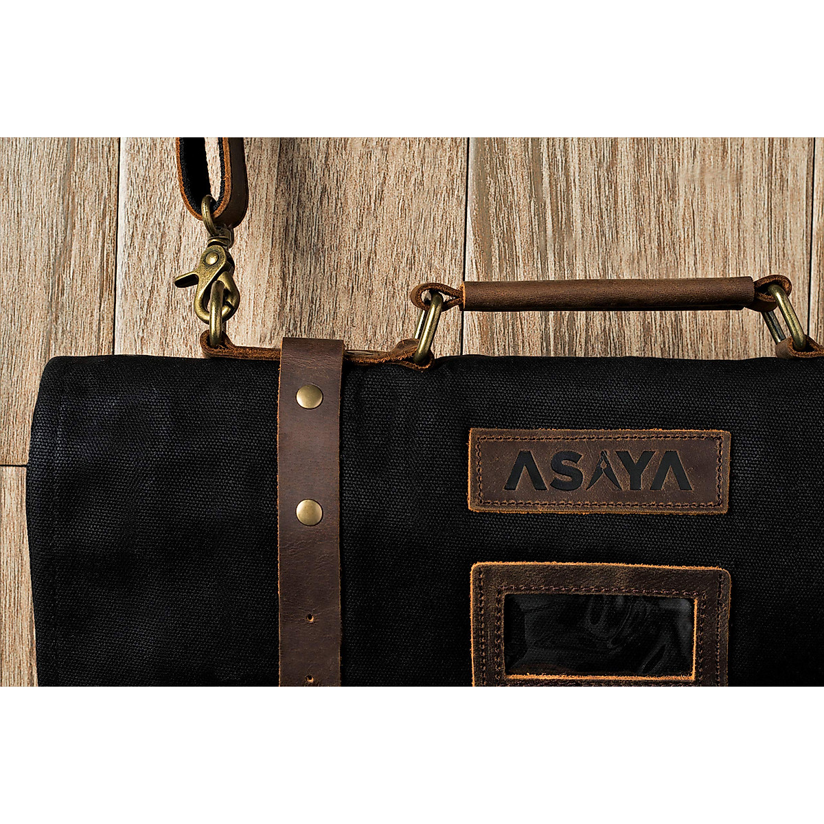 Asaya Waxed Canvas Knife Roll - 15 Knife Slots, Card Holder and Large Zippered Pocket - Genuine Leather, Cloth and Brass Buckles - for Chefs and Culinary Students - Knives Not Included