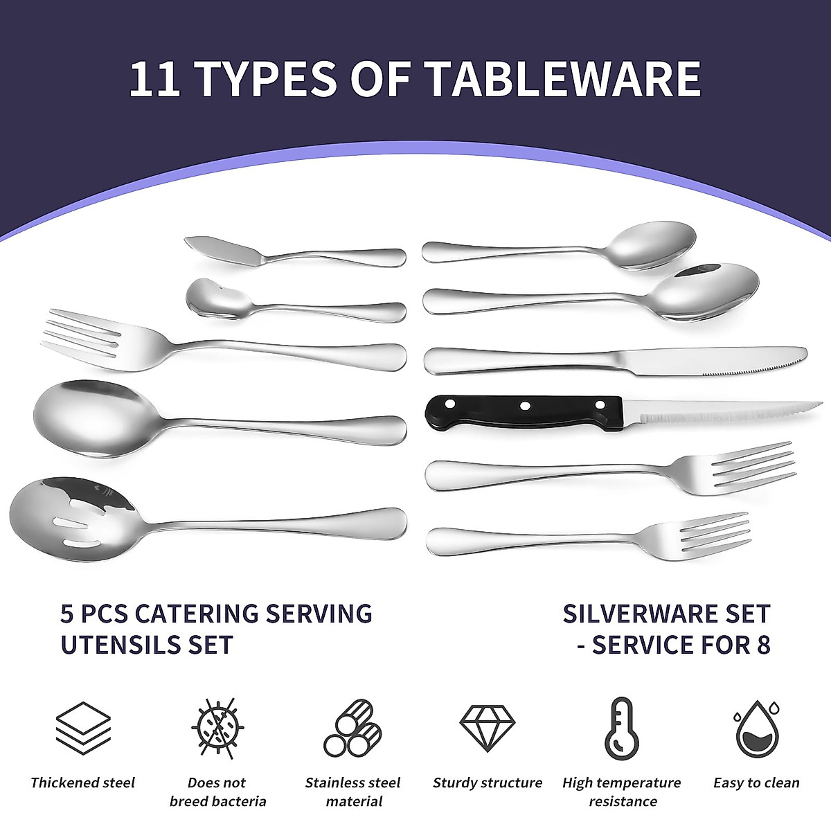 Lazycorner 53 Pcs Silverware Set with Steak Knives for 8 and 5 Pcs Serving Utensils Set, Mirror Polished Flatware Set, Stainless Steel Cutlery Set For Home Kitchen Restaurant Hotel,Dishwasher Safe