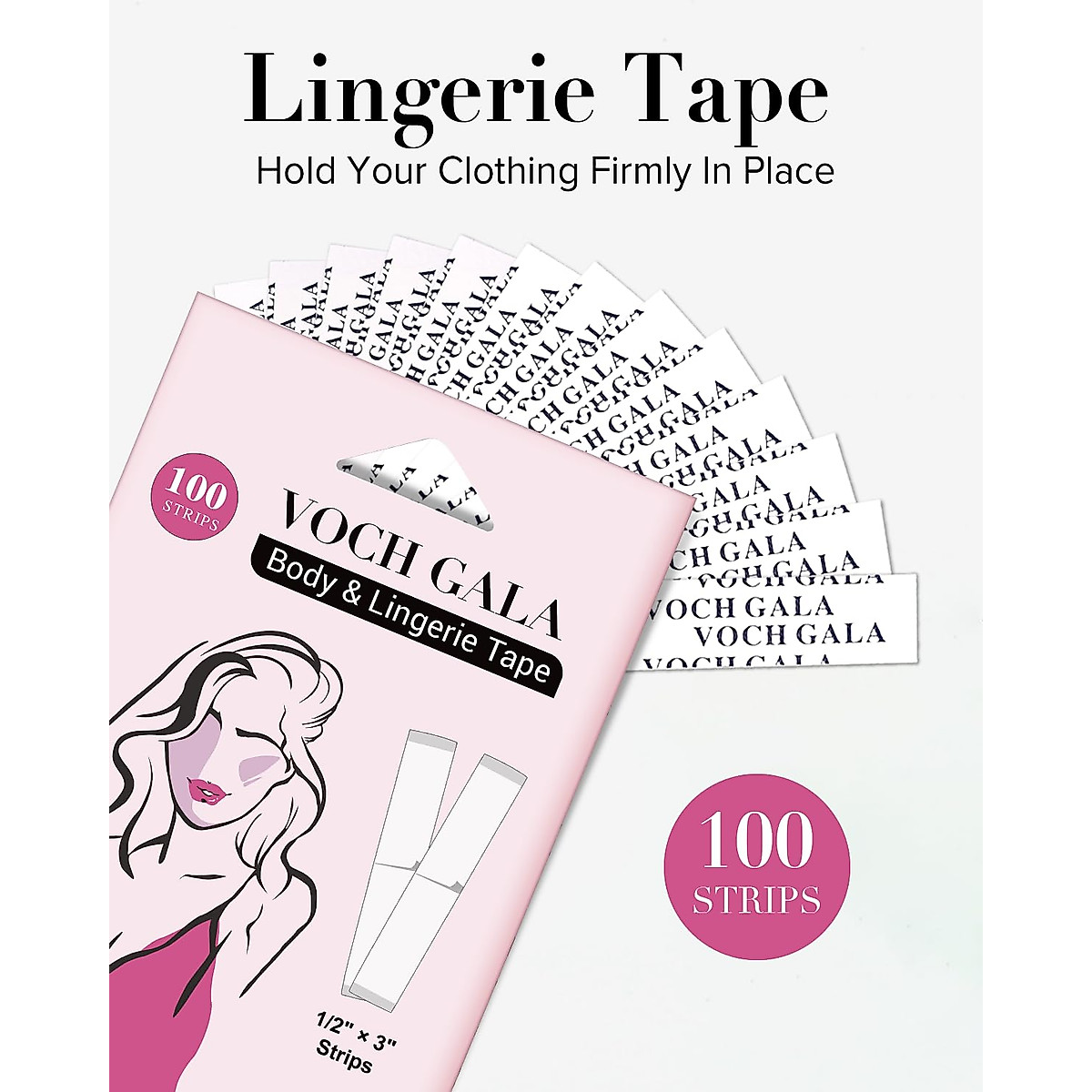 VOCH GALA 100 Strips Double Sided Tape for Fashion and Clothes, Waterproof Fashion Clothing Tape, Fabric Tape to Skin, Strong Adhesive Body Tape, Clear Transparent for All Skin Shades