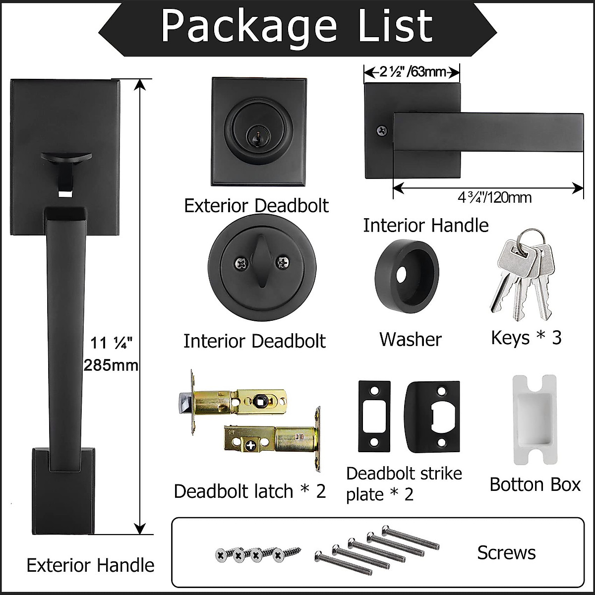 Azdele Black Front Door Handle with Deadbolt and Lever Set, Modern Front Door Lock Set, Black Door Handle with Single Cylinder Deadbolt for Exterior Door, Reversible for Right&Left Handed, Matte Black
