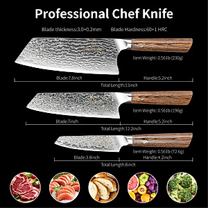 Damascus Kitchen Knife Set, 3 Pieces Japanese Style Kitchen Knives 67 Layer Forged Damascus VG10 Steel, lightweight Wood Ergonomic Handle for Cooking Knives Set