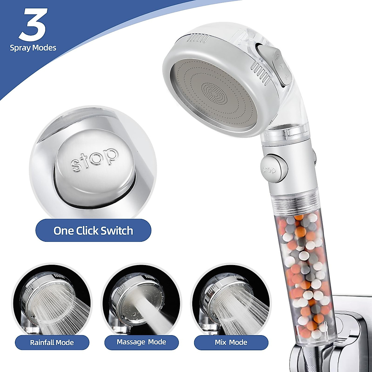 Essbhach Shower Head with Handheld, High Pressure Shower Head with Filter and ON/OFF Button, Water Saving Filtered Shower Head for Dry Hair & Skin, 3 Spray Modes