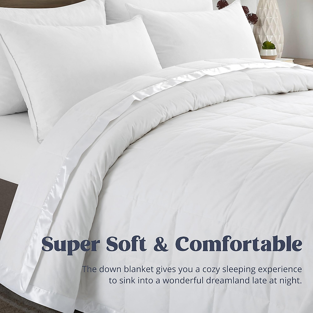 puredown® Blankets Queen Size - Soft Lightweight Down Blanket for All Seasons, Cozy Warm Luxury Bed Blanket with Satin Trim, Cotton Cover, White (90"X90")