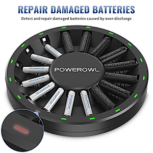 POWEROWL 16 Bay AA AAA Battery Charger (Updated, High Speed Charging) with Smart LED Light and Plug, for NIMH NICD Rechargeable Batteries and More