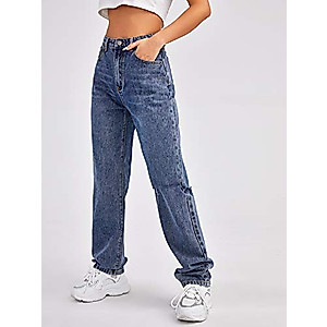 SweatyRocks Women's High Waist Slant Pocket Denim Jeans Ripped Straight Leg Pants Blue L