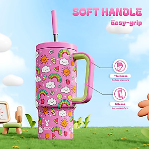 Meoky Kids Tumbler with Handle for Drinks: 24 oz Insulated Toddler Tumbler with Lid and Straw - Keeps Cold for 24 hours - Stainless Steel Travel Mug BPA-Free for School Trip - Girls Students, Cloud