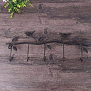 SUODAO Decorative Rustic Tree Branch & Birds Wall Mounted Metal 5 Coat Hook,Hanging Robe Hanger Leaf Coat Wall Decor Holder(Black)