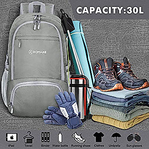 ZOMAKE Lightweight Packable Backpack 30L - Foldable Hiking Backpacks Water Resistant Compact Folding Daypack for Travel(Sliver Grey)