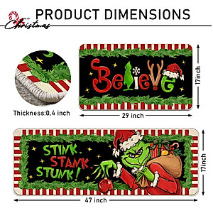 Tailus Christmas Believe Kitchen Rugs Set of 2, Xmas Gifts Stink Stank Stunk Green Kitchen Mats Decor, Red White Stripes Holiday Door Mat Home Decorations - 17x29 and 17x47 Inch
