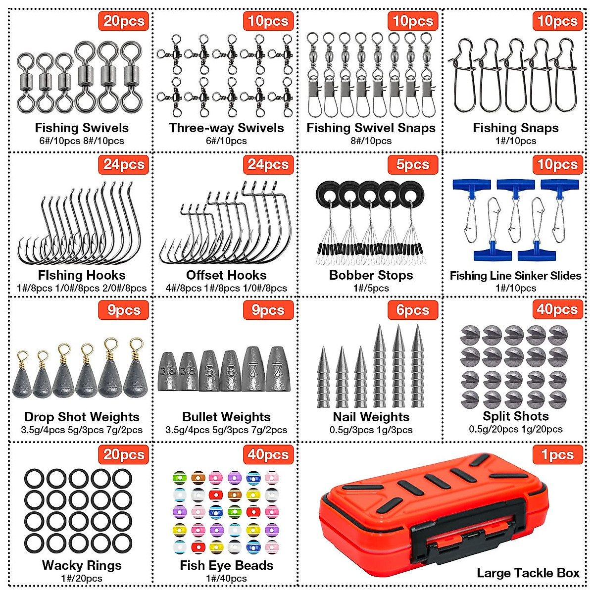 GOANDO 238pcs Fishing Accessories Kit Fishing Tackle Box Including Fishing Hooks Fishing Weights Beads Split Shot Fishing Gear for Bass Trout Salmon Fishing Gifts for Men