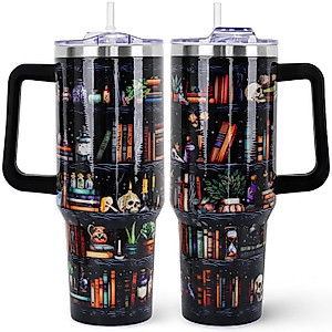 Book Lovers Gifts 40oz Tumbler with Handle and Straw Lid,Vacuum Insulated Leak Proof Tumbler bookish gifts for Women Readers Librarian,Book Accessories Stainless Steel Travel Mug,Skull Bookshelf