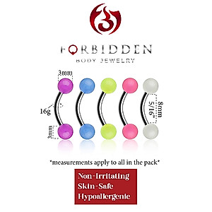 Forbidden Body Jewelry 16G (8mm) Surgical Steel Curved Barbells for Eyebrow/Rook/Daith Piercing and More (5-Pack of Glow-in-the-Dark)