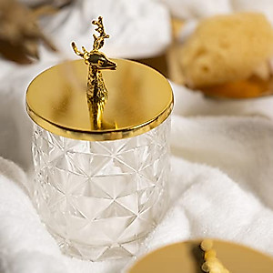 EMPO Bathroom Glass Storage Organizer Apothecary Jars with Gold lids for Cotton Swabs, Rounds, Balls, Makeup Sponges, Blenders, Bath Salts (Elk)