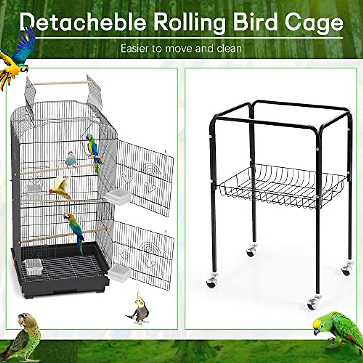 Jehiatek 59 Inch Bird Cage with Rolling Stand, Parakeets Cage with Open Top Roof, Tall Bird Cage Metal Bird Cage for Medium Small Cockatiel Canary Conure Finches, Black, Easy to Install