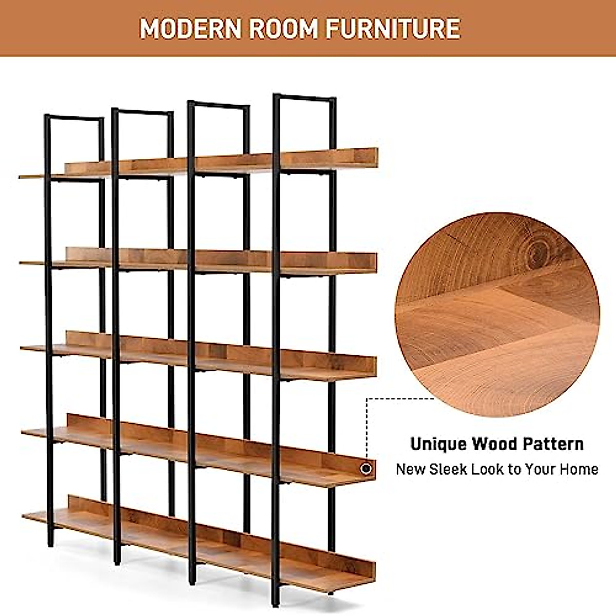 KNAMOTL 5 Tier Bookcase Home Office Open Bookshelf, Vintage Industrial Style Shelf with MDF Board & Large Capacity Storage, Black Metal Frame for Office Living Room (Black+Brown)