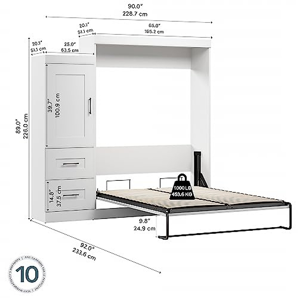 Bestar Edge Queen Murphy Bed and Wardrobe with Drawers in White, Space-Saving Wall Bed with Storage for Guest Room