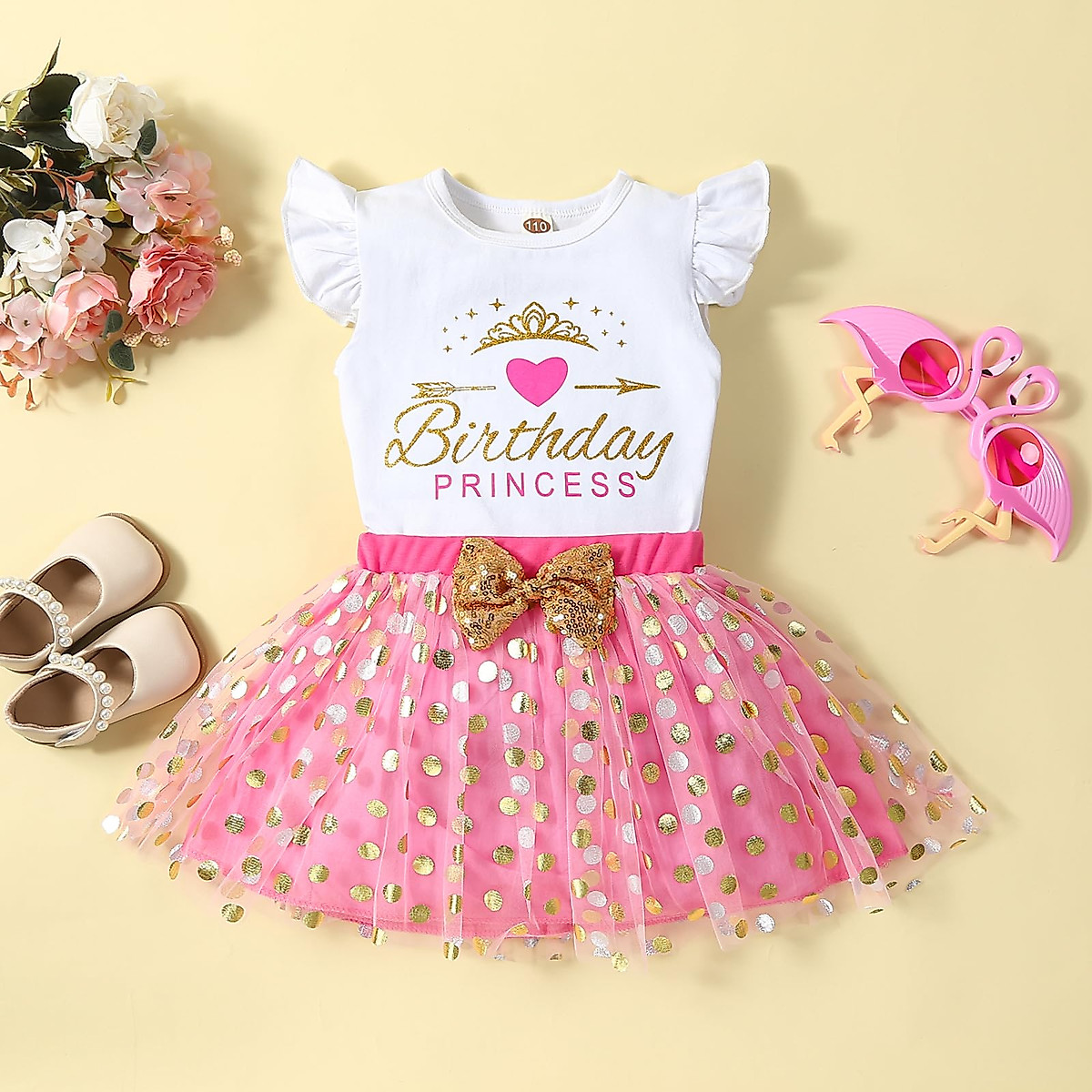 Toddler Kids Baby Girls Birthday Princess Party Outfits Dress Ruffle Tshirt Sleeveless Vest Summer Top+ Sequins Polka Dot Mesh Tutu Skirt 2PCS