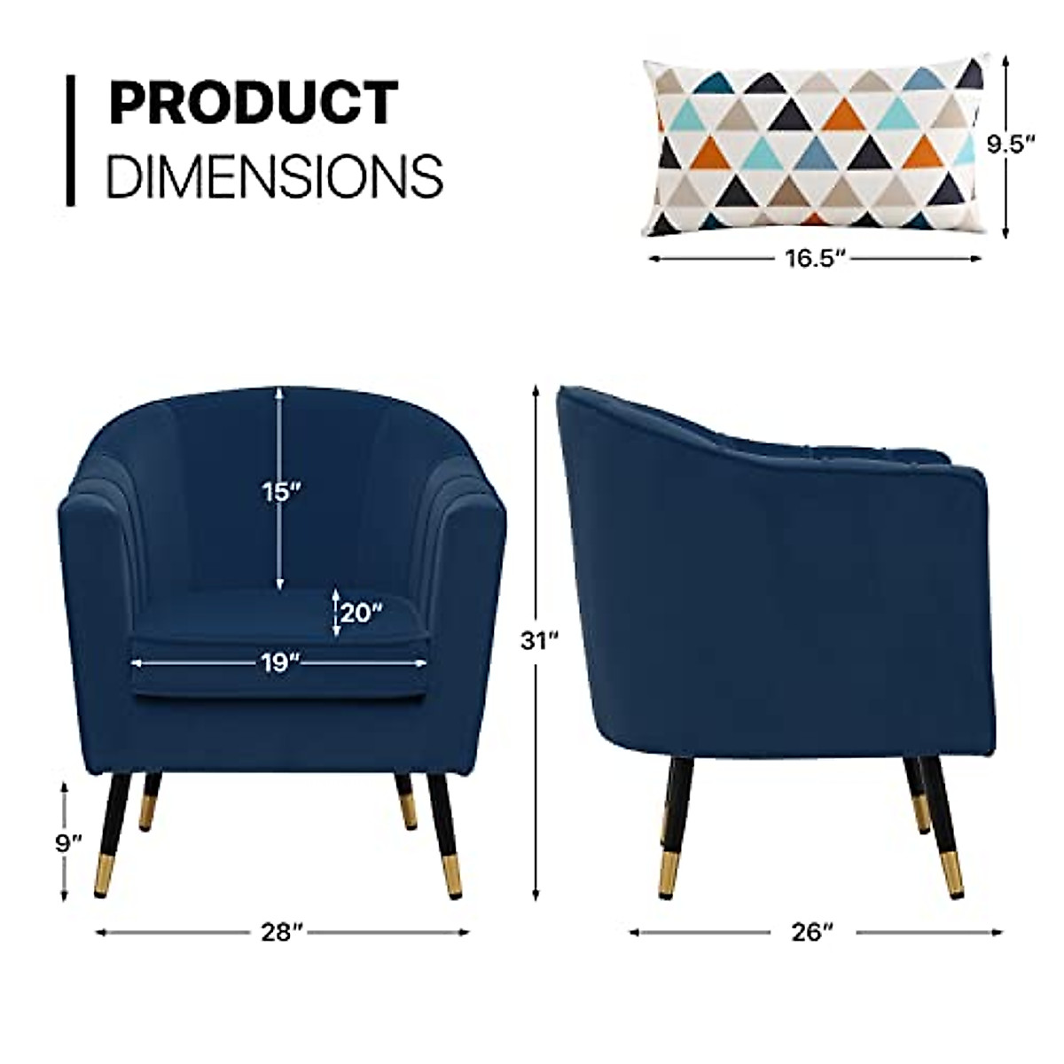 MoNiBloom Modern Accent Chair with Lumbar Pillow, Mid-Century Modern Sude Single Sofa Arm Chair for Living Room, Durable Upholstered Comfy Barrel Chair w/Gold Metal Legs and Wide Armrest, Navy Blue